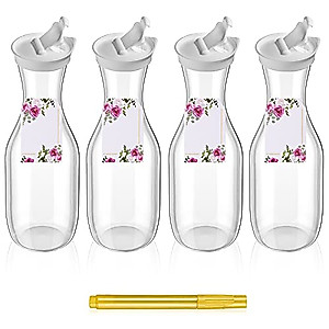 4 Pack Clear Plastic Water Carafes 50 Oz Beverage Pitcher Carafe with Flip top Lids and 16.4 Ft Rope 30 pieces Paper Cards for Tea Juice Water iced Coffee, Narrow Neck Design