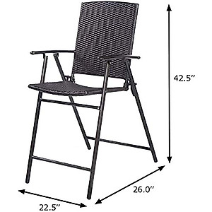 LUARANE Folding 4 Pieces Wicker Rattan Chairs, Tall Bar Stool Set with Back Steel Frame Footrest Armrest, Weather-Resistant Comfortable Chairs for Outdoor Indoor Garden Patio Furniture Set, Brown
