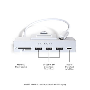 Satechi USB C Hub – iMac USB Adapter – USB C Data Port, USB-A 3.0 Data, Micro/SD Card Readers, USB C Clamp Hub For Apple Studio Display & iMac 24-inch, Does Not Fit 2020 iMac & Earlier Models - Silver