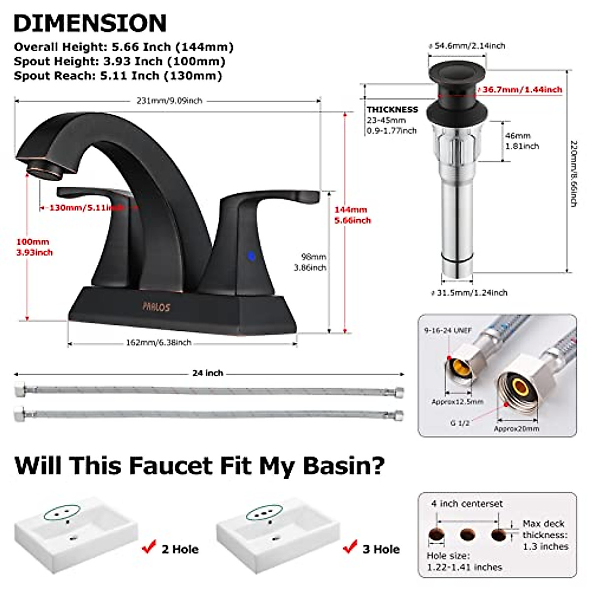 PARLOS 2 Handles Bathroom Faucet with Pop-up Drain and Faucet Supply Lines, Oil Rubbed Bronze, Doris 14133