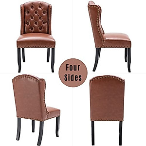 LukeAlon Classic PU Leather Dining Chairs Set of 2, Upholstered Button Tufted Dining Room Side Chairs with Solid Wood Legs Elegant High Back Dinner Chair with Nailhead Trim for Home Kitchen, Brown