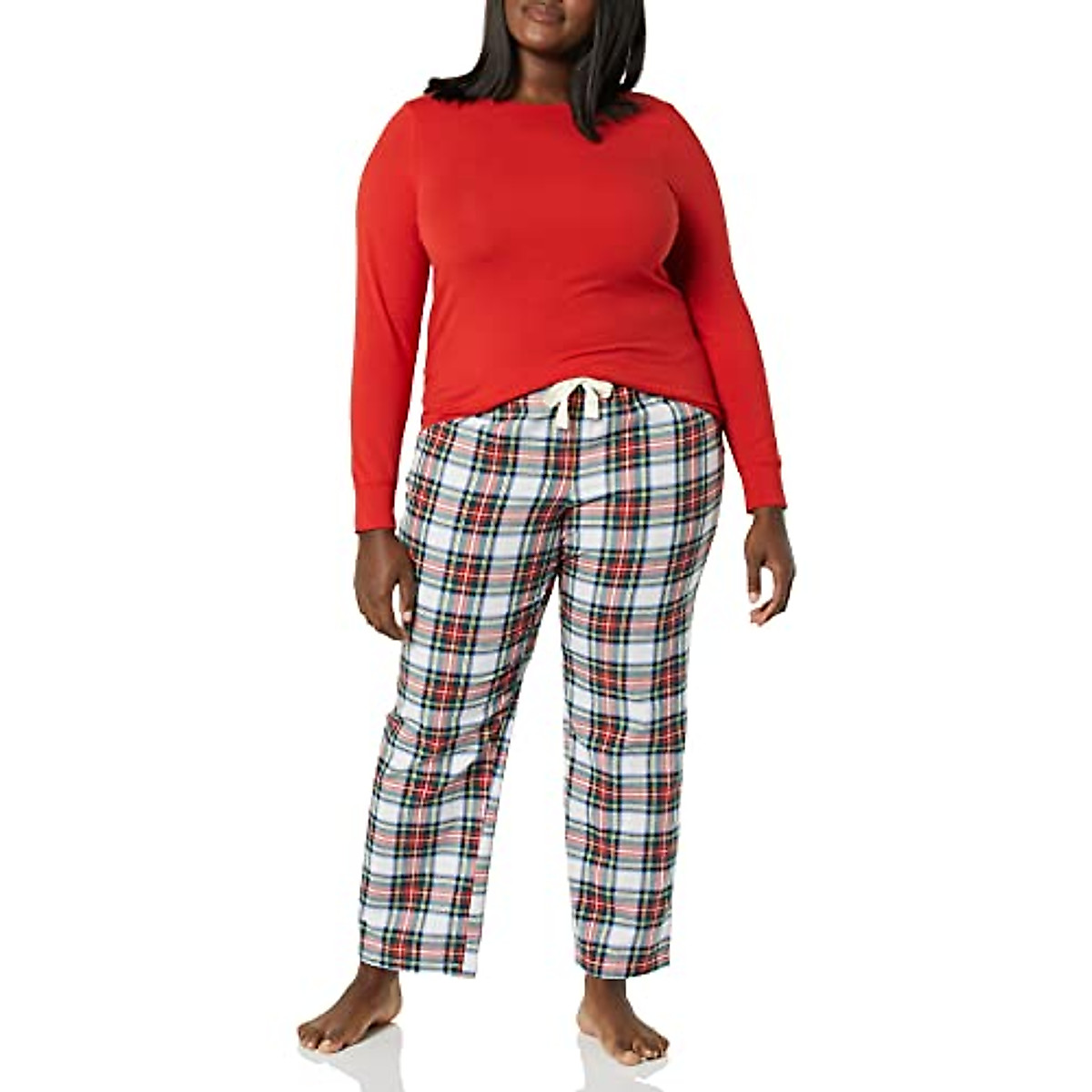 Amazon Essentials Women's Lightweight Flannel Pant and Long-Sleeve T-Shirt Sleep Set (Available in Plus Size), Red Tartan, Large