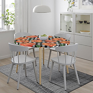 Fiokroo Autumn Pumpkins Checkerboard Tablecloth with Elastic Edge, Round Table Cloth Happy Thanksgiving Washable Reusable Table Cover for Kitchen Dining Party Picnic, Small