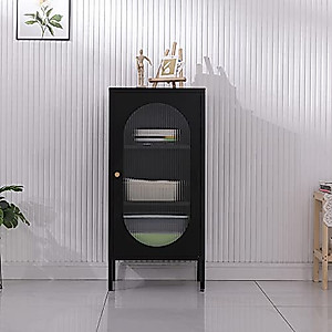 WISUNO Metal Storage Cabinet for Living Room,Bedroom,Home,Office,Kitchen,3-Tier,Glass Door,Removable Shelves (Single Glass Door, Black)