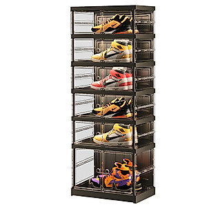 EHAMILY 6 Tiers 6-12 Pairs Foldable Shoe Boxes Large Plastic Shoe Storage Rack Collapsible Shoe Organizer for Closet Clear Stackable Shoes Shelf Storage Cabinet with Doors Quick Assembly Black