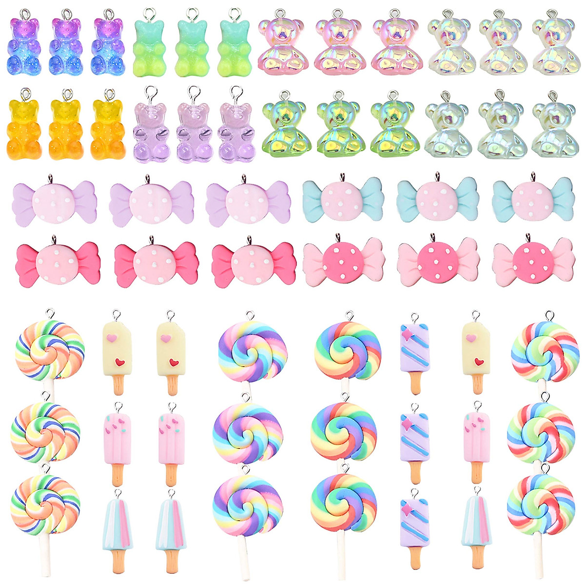 ZOCONE Colorful Candy Pendant Charm, 60 Pcs Mixed Cute Charms Set Contains Gummy Bear Charms Ice Cream Sweet Candy Pendants Lollipop Shape Polymer Clay Charms, Resin Charms for Jewelry Making
