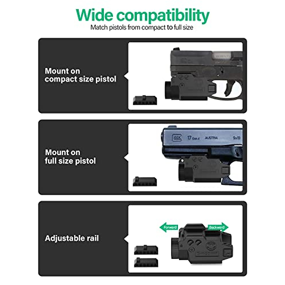 Gmconn Green Laser Light Combo, Tactical Pistol Light 650 Lumen LED Flashlight with Green Beam for Glock Taurus