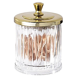 mDesign Fluted Bathroom Vanity Storage Organizer Canister Apothecary Jar for Cotton Swabs, Rounds, Balls, Makeup Sponges, Bath Salts - 2 Pack - Clear/Soft Brass