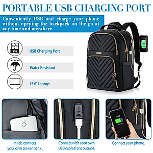 Kuosdaz Laptop Backpack for Women, 15.6 Inch Travel Computer Bag with USB Charging Port, Womens Large Back Pack Purse Work Bag, Student College School Bookbag for Girls Casual Daypacks, Black