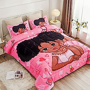 Black Girl Magic Comforter Set, African American Girls Comforter Set Full Size for Kids Teens, Black Girl Bed Set for Girls, Cute Black Girl Pink Princess Bedding Sets for Girls Bedroom Decor