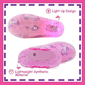 Outee Toddler Girls Rain Boots Little Kids Baby child Light Up Waterproof Rubber Shoes Unicorn Printed Mud Lightweight Adorable with Easy-On Handles Non Slip Sole Pink Size 2