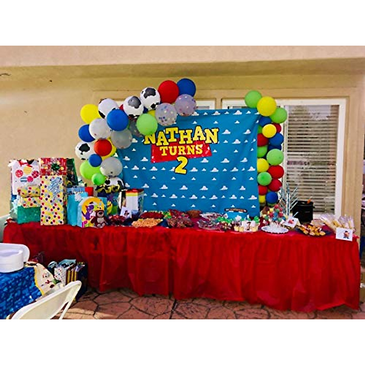 BINQOO 7x5ft Cartoon Blue Sky White Clouds Backdrop Toy Story Kids Birthday Party Boy Baby Shower Photography Background Photo Studio Props