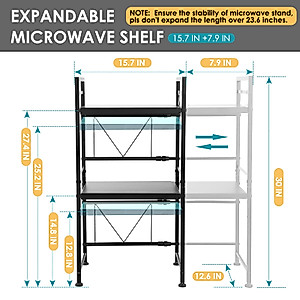 DOLALIKE Microwave Oven Rack, Expandable Microwave Stand Countertop Kitchen Utensils Tableware Storage, Carbon Steel Over Microwave Shelf Countertop with 3 Hooks
