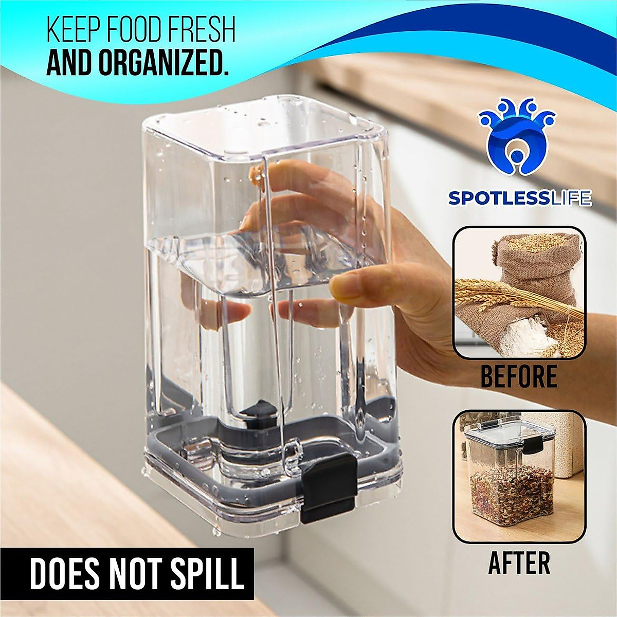 SPOTLESSLIFE Pantry Food Storage Container - 60oz - Tall Kitchen Canister with Airtight Lid, Clear Organizer for Dry Ingredients, Flour, Cereal – Large Sealed Container for Kitchen and Pantry