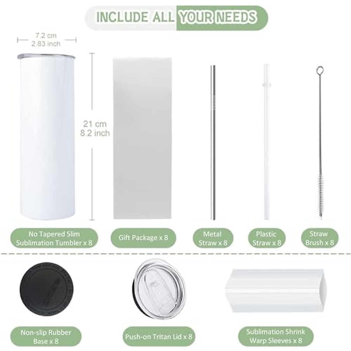 Kocdam 8 Pack Sublimation Blanks, 20oz Sublimation Tumblers Skinny Straight with Lids and Straws Bulk, Stainless Steel Double Wall Polymer Coating for Heat Transfer Customized Gifts