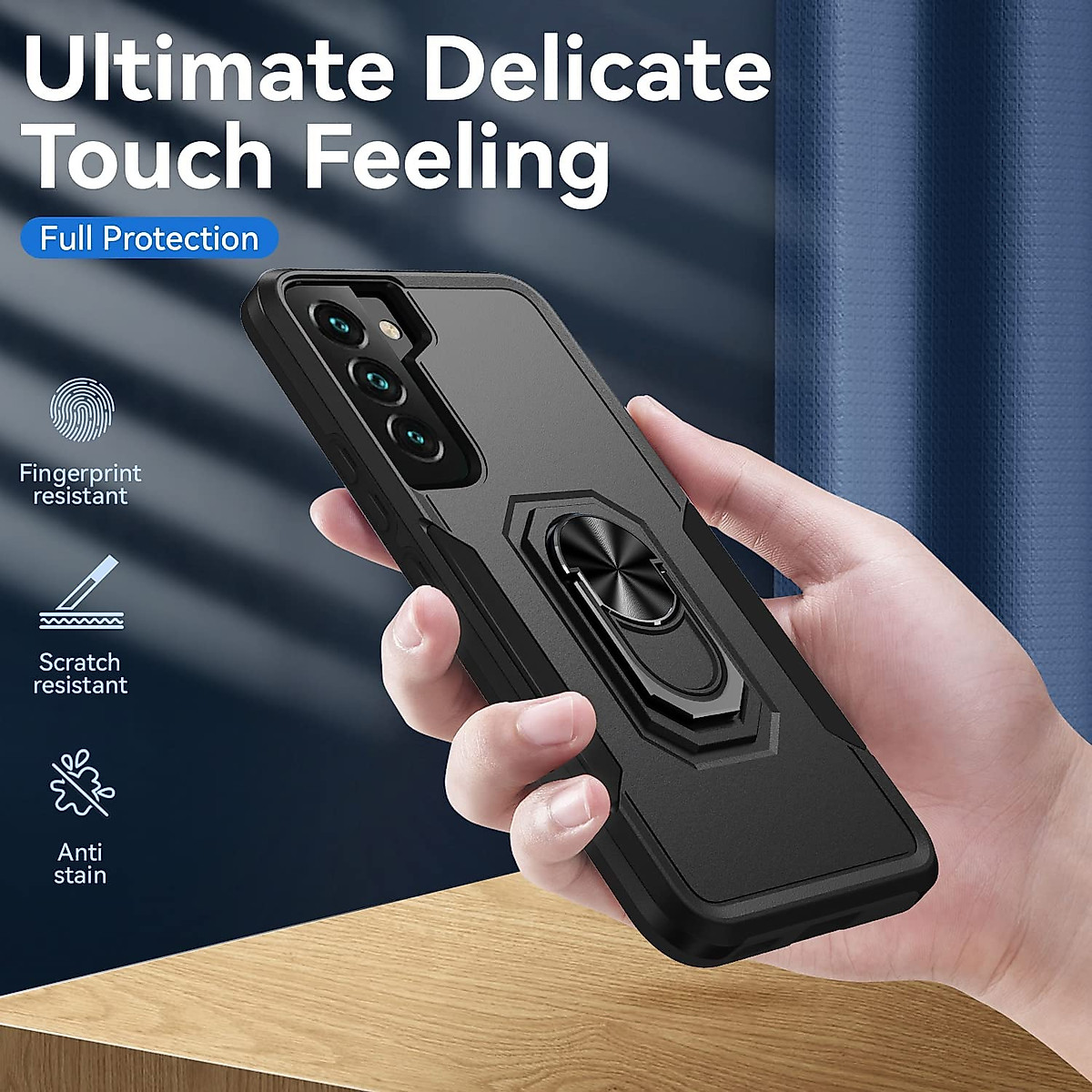 Janmitta Compatible with Samsung Galaxy S22 Case with Screen Protector[Not for S22+],Heavy Duty Shockproof Full Body Phone Cover,Built in Finger Ring Stable Kickstand,2022 Black Matte