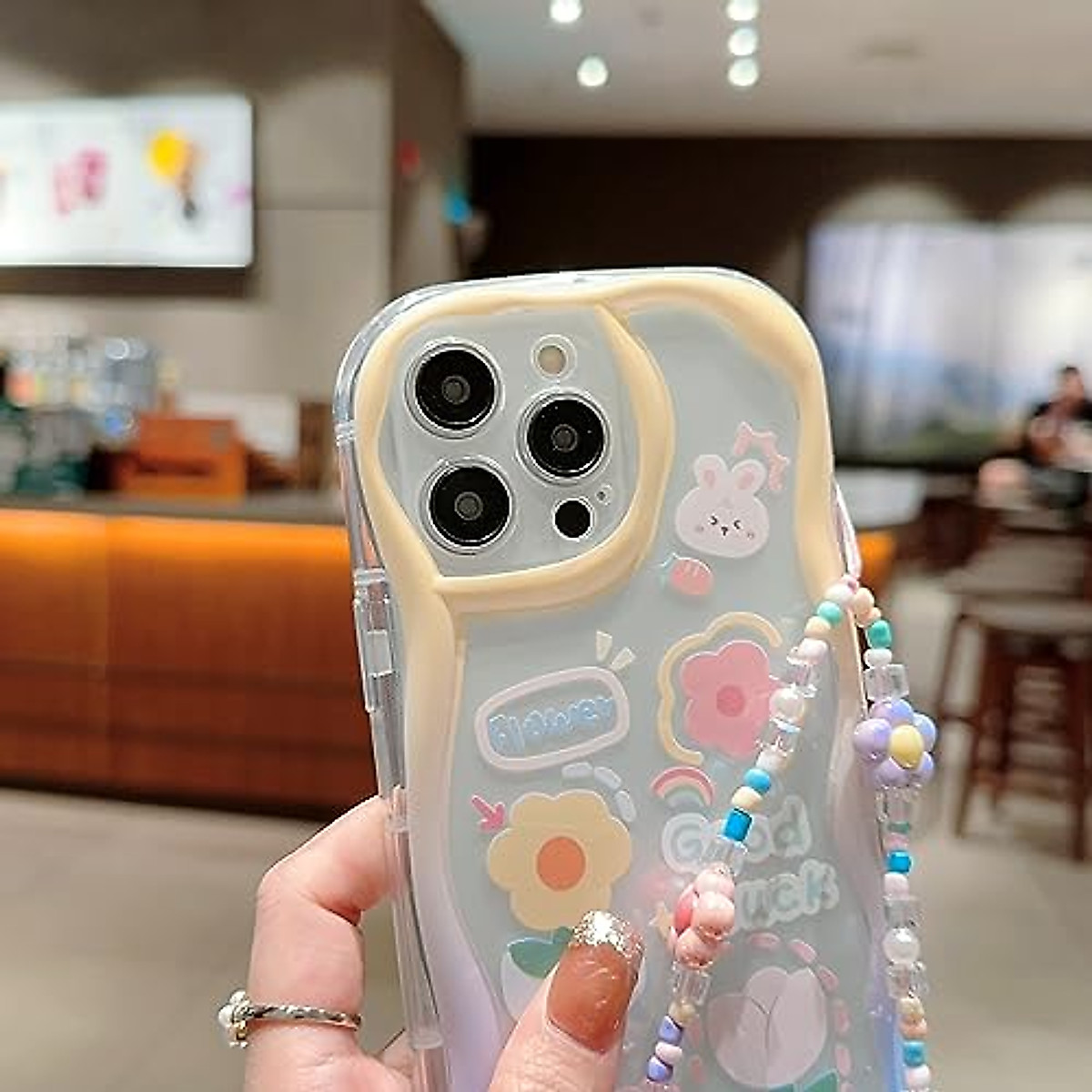 ZSYTZL Compatible with iPhone 13 Pro Max Case Cute Clear Floral Pattern for Design Aesthetic Women Teen Girls with Flower Colorful Bracelet Chain Kawaii Protective Phone Case for iPhone 13 Pro Max