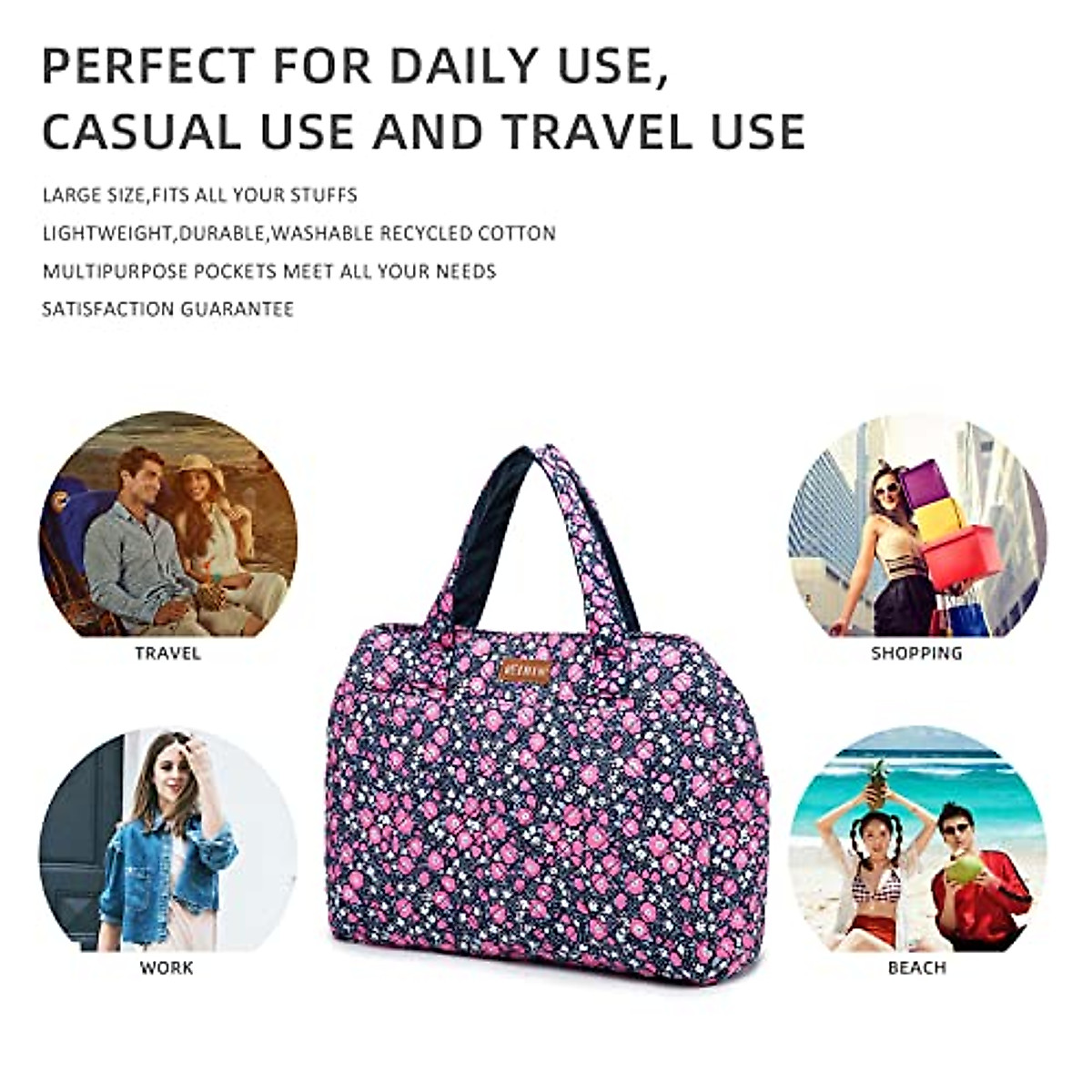 WEIBIN Large Tote Bag for Women, Lightweight Floral Quilted Cotton Handbags with 7 Pockets for Hiking Picnic Shopping Travel Gym Weekend Daily Bags, Dark Blue