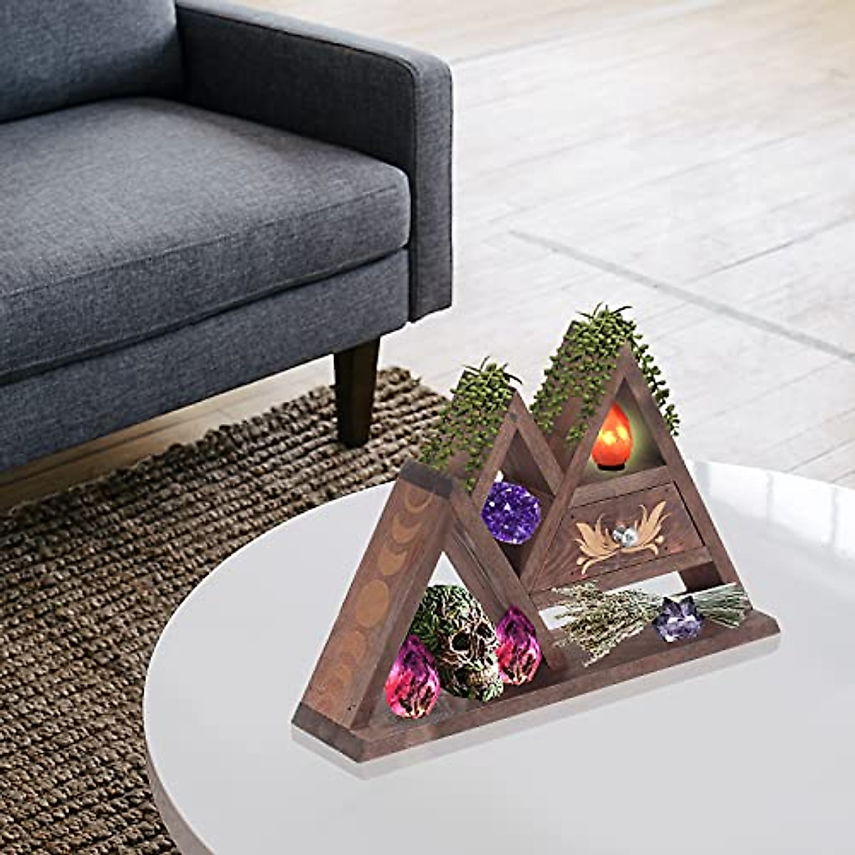 SSISSI Moon Phase Mountain Shelf - Triangle Shelf with Drawer - Moon Shelf for Crystals - Crystal Holder - Witchy Room Decor - Boho Decor - Wooden Rustic Crystal Shelf - Woodland Nursery Decor