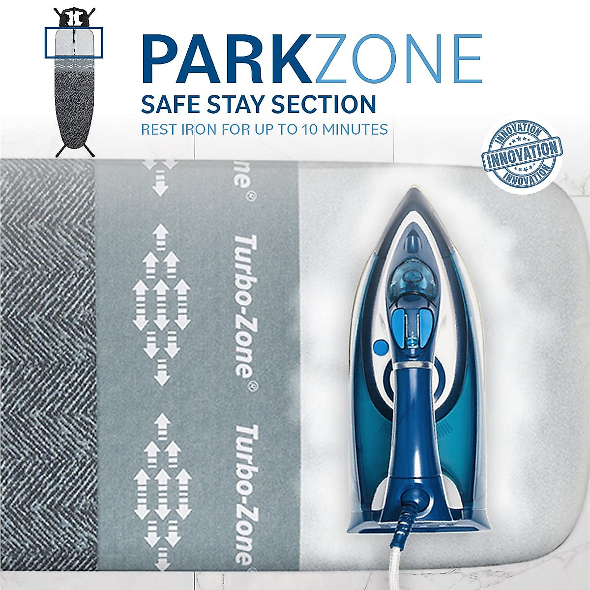 Bartnelli Heavy Duty 48x15 Ironing Board with 4-Layer Cover & Pad, Height-Adjustable, Turbo & Park Zone - Designed in Europe