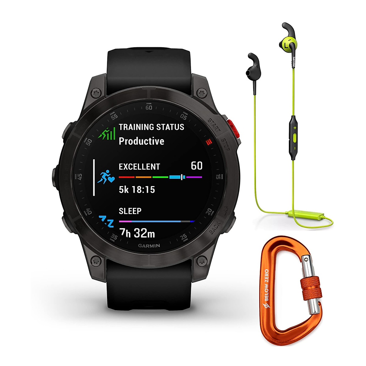 Garmin Epix Gen 2 Smartwatch (Sapphire Black Titanium) Bundle with Wireless Headphones (Black/Lime Green) and Below Zero 12KN Heavy Duty Carabiner (3 Items)