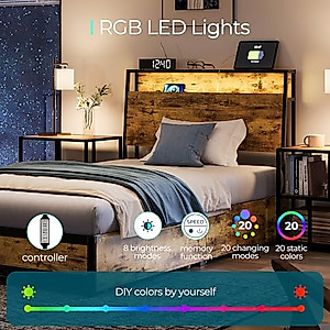 LINSY Twin Bed Frames with Ergonomic Headboard & Lights, Twin Size Bed Frame with 2 Drawers & Charger, Kids Bed Frame with Storage, Rustic Brown