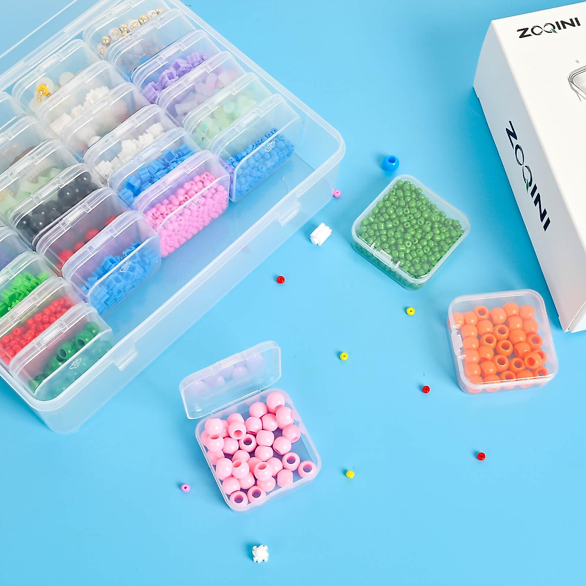 ZOQINI Bead Organizer Box, 28Pcs Small Clear Plastic Storage Containers, 1 Large Craft Organizer Box, 1 Sheet Label, Mini Parts Storage Solution for Beading Jewelry Making Diamond Arts Screws Seeds