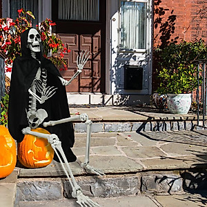 UMEELR 5.4ft/165cm Halloween Skeleton, Poseable Full Size Skeleton with Black Cloak, Life Size Human Bones for Halloween Front Yard Patio Lawn Garden