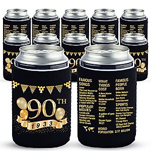 Yangmics 90th Birthday Can Cooler Sleeves Pack of 12- 1933 Sign -90th Anniversary Decorations - Dirty 90th Birthday Party Supplies - Black and Gold Ninetieth Birthday Cup Coolers
