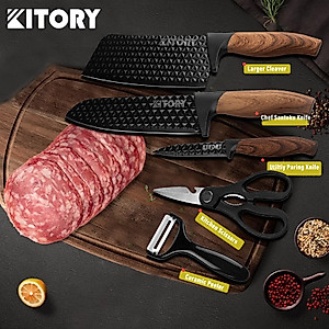 Kitory Cleaver Knife Set, 5 pcs Non-Stick Japanese Kitchen Boxed Knife Set, includes Cleaver, Santoku Chef knife, Paring Utility Knife, Ceramic Peeler and Kitchen Scissors, 2024 Kitchen Gifts