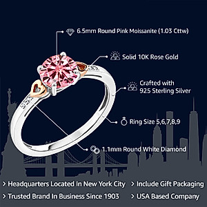 Gem Stone King 925 Silver and 10K Rose Gold Pink Moissanite and White Diamond Solitaire Engagement Ring For Women (1.03 Cttw, Round 6.5MM, Gemstone Birthstone, Size 6)