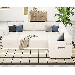 VanAcc Sleeper Sofa, 112 Inch Pull Out Sofa Bed with Storage Chaise & 3 Seater, Oversized U Shape Sectional Couch with Pull Out Bed, White Boucle Couch