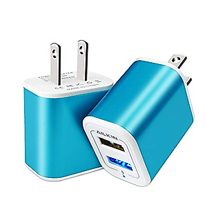 USB Plug in Wall Charger, Charging Block, 2Pack AILKIN 2.1A Fast Charge Dual Port Power Adapter Cube Box Brick Base Compatible with Phone, Pad, LG, Honor, Samsung, Kindle Fire, Blue, All USB - Blue