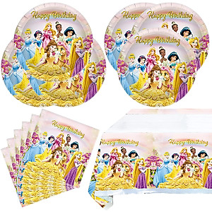 Seven Princesses Birthday Party Tableware, 20 Plates 20 Napkins And Table Covers, For Disney Princess Birthday Theme Party Decoration Supplies