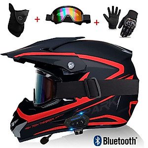 Bluetooth Dirt Bike Motorcycle Helmet, Adult DOT Certified Motocross Full Face Helmet for Off-Road Mountain Racing Bike MTB Downhill ATV Helmet Built-in Speaker with Gloves Goggles Mask-F-X-Large