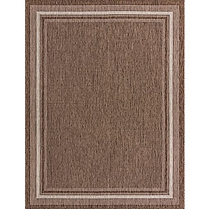 Unique Loom Outdoor Border Collection Area Rug - Soft Border (9' x 12' Rectangle, Brown/ Ivory)