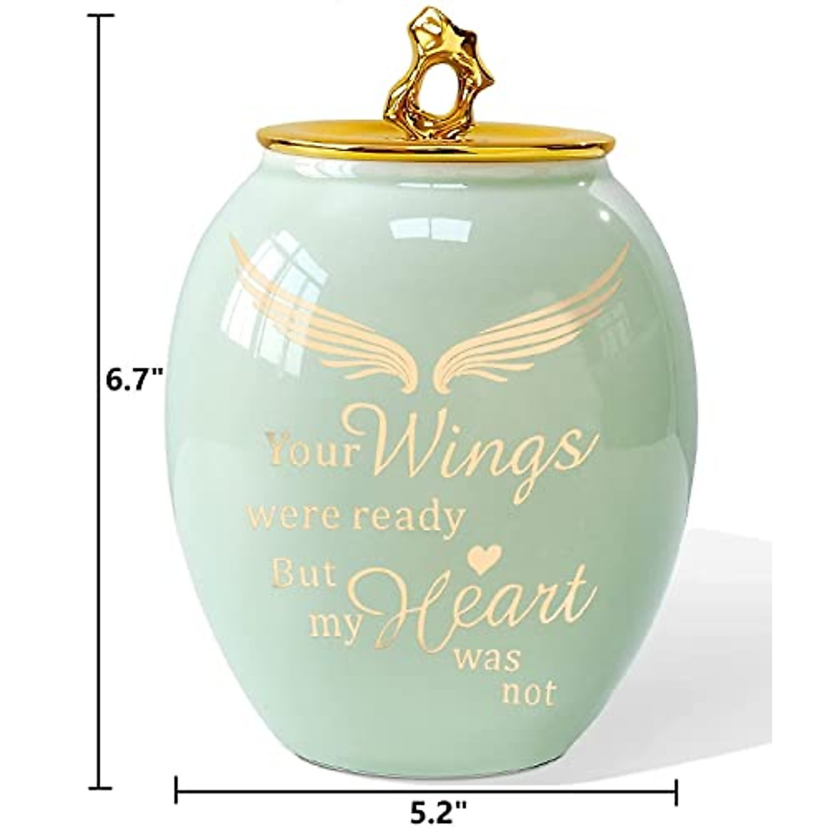 LINES ARTE Medium Urns for Human Ashes Adult Female, 6.7x5.2 Inch Medium Size Urn for Mom/Sister/Women with Green Angel Wings, Ceramic Cremation Urns for Ashes Adult Female