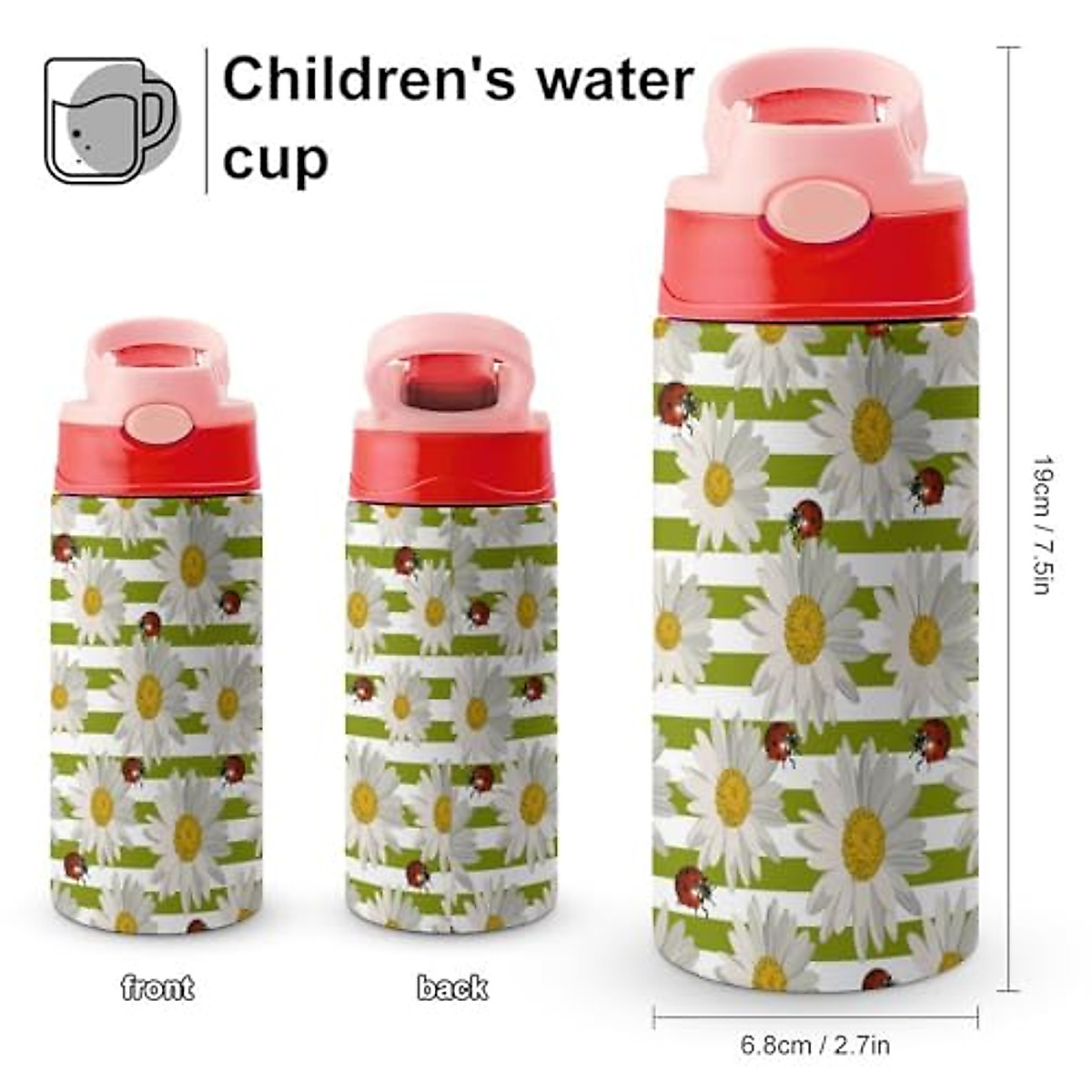 Kids Water Bottle with Straw Lid White Daisies And Ladybugs Print 12 Oz/350 Ml Stainless Steel Reusable Thermos Bottles