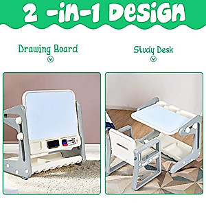 Costzon 2 in 1 Kids Table & Chair, Art Easel w/Adjustable Magnetic Painting Board, Storage Space, Art Supply Accessory, Children Convertible Activity Table Set for Drawing Reading Art Playroom (Gray)