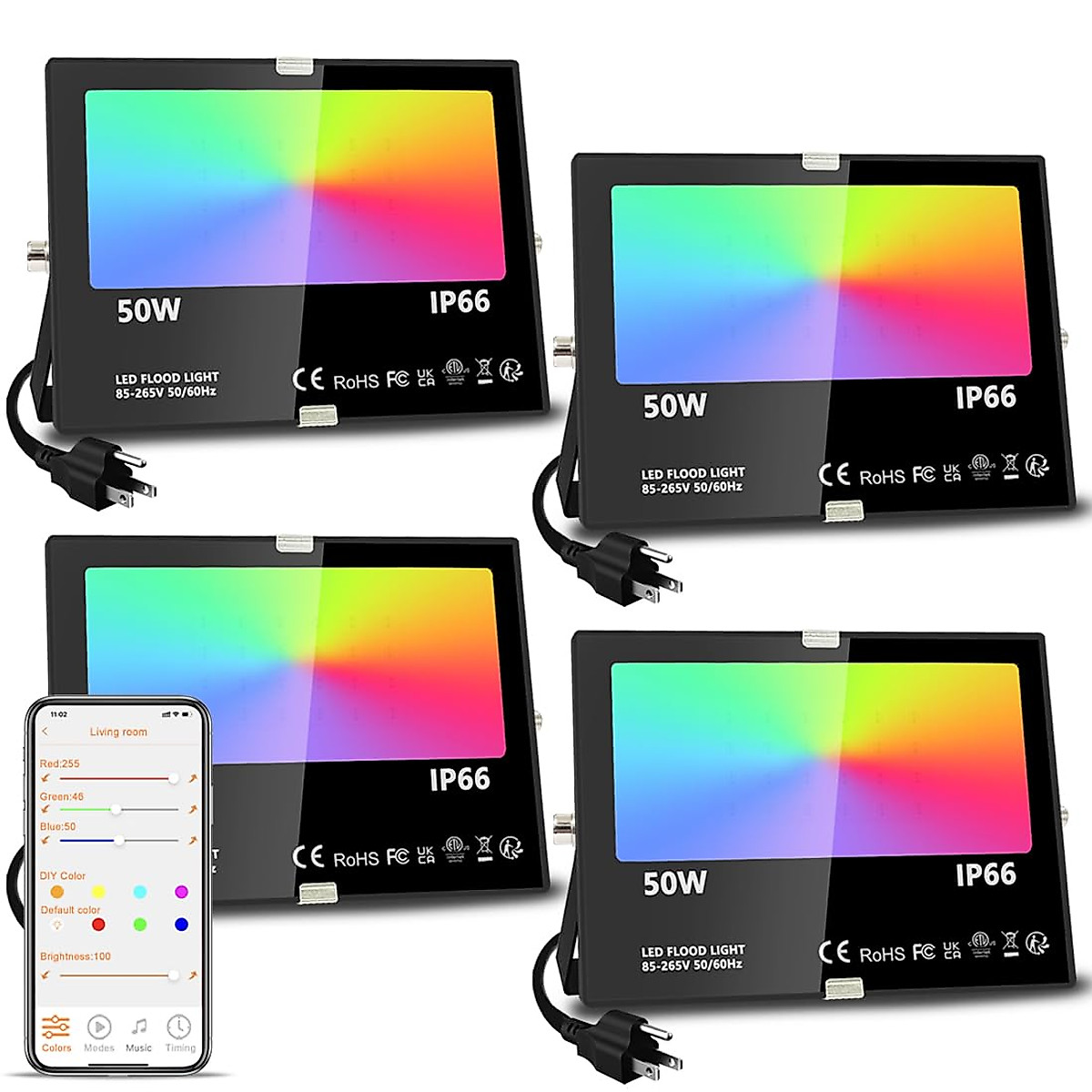 MELPO LED Flood Light Outdoor, 500W Equivalent 5000LM Smart RGB Landscape Lighting with APP Control, DIY Scenes - Timing - Warm White 2700K - Color Changing Uplight, IP66 Waterproof US Plug (4 Pack)