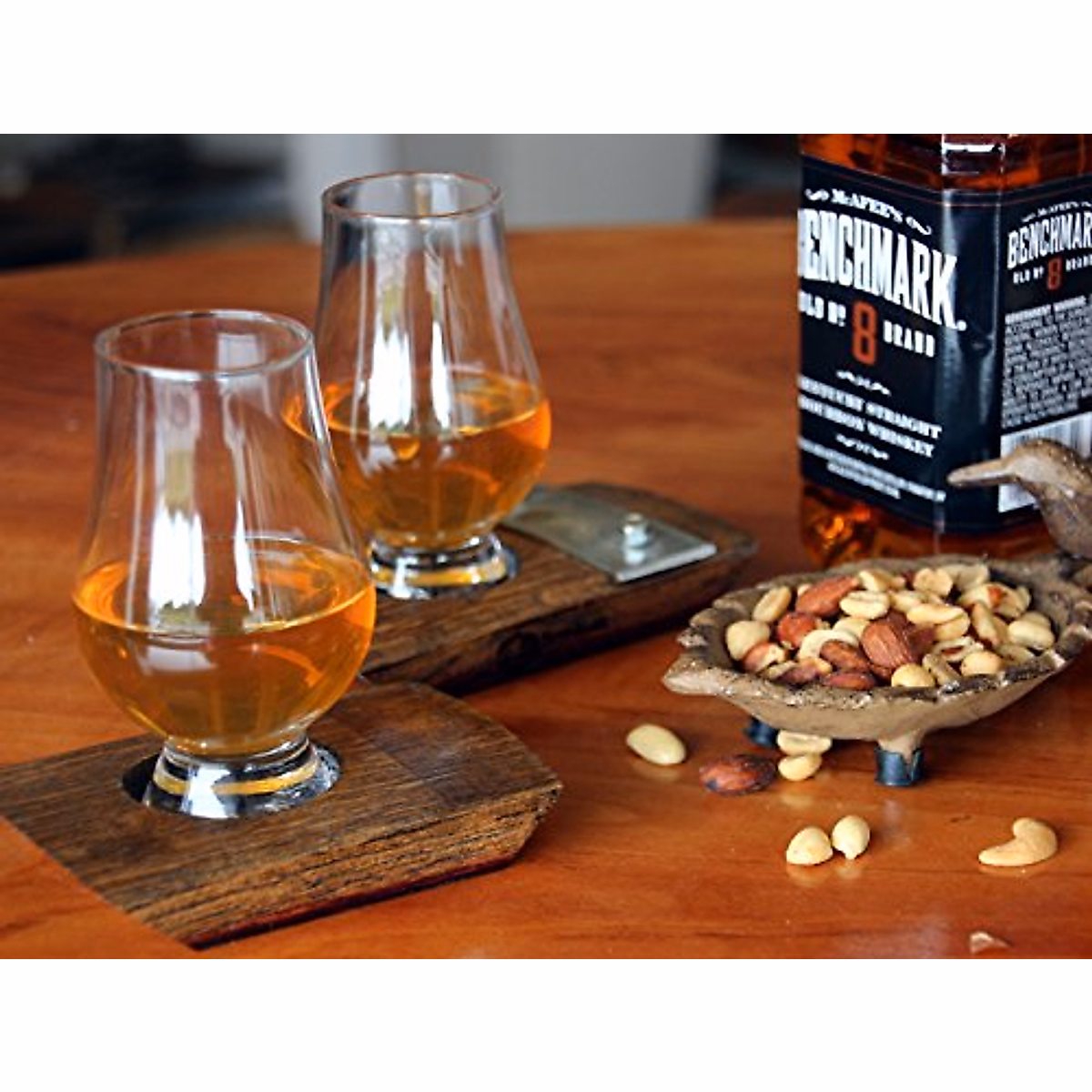 Barrel-Art Barrel Stave Whiskey Bourbon Scotch Coaster with Glencarin Glass and Galvanized Steel, Dark Walnut