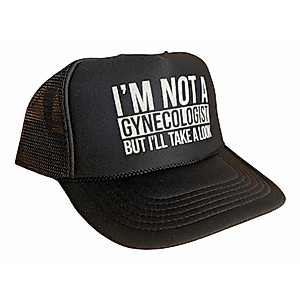 I'm Not A Gynecologist But I'll Take A Look Snapback Trucker Hat for Men or Women, Vintage Fit with Funny Novelty Graphic, Custom Mesh Cap Black