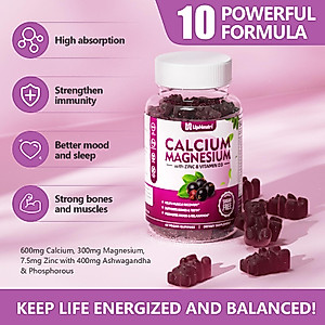 Calcium Magnesium Zinc with Vitamin D3 Supplement, Sugar Free Calcium Gummies for Women Men, High Absorption Zinc Gummies for Bone & Muscle & Immune Health, Vegan Elderberry Flavor - 60 Count