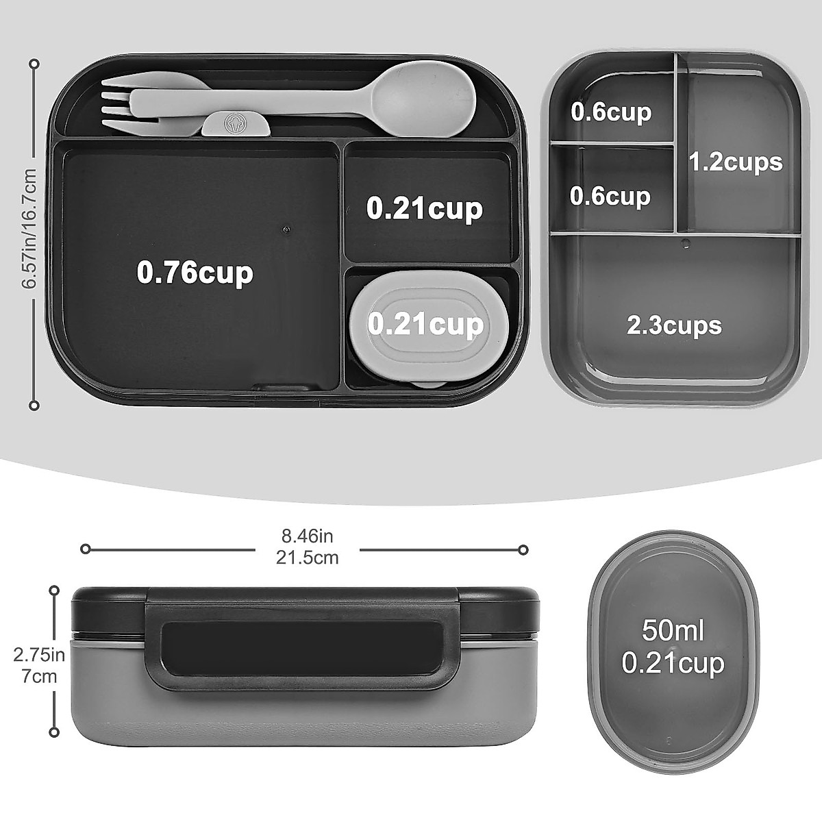 Caperci Bento Box Adult Lunch Box - Stackable Leakproof 47oz Lunch Containers for Adults with Sauce Container - Idea for Office, On-the-go, Microwave/Dishwasher Safe, BPA Free (Black)