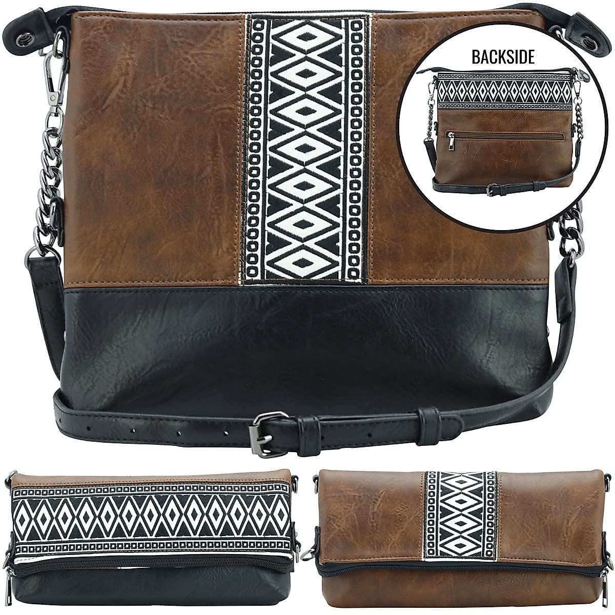 K&Bo Juniper Women’s Chain Crossbody Handbag Purse Brown, Boho Embroidered Medium, Converts to Clutch Bag, Lightweight