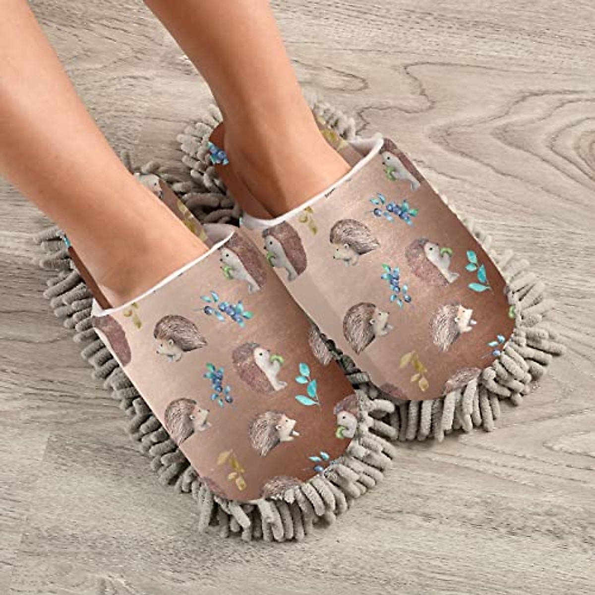 Kigai Microfiber Cleaning Slippers Hedgehog Flowers Washable Mop Shoes Slipper for Men/Women House Floor Dust Cleaner, Size L