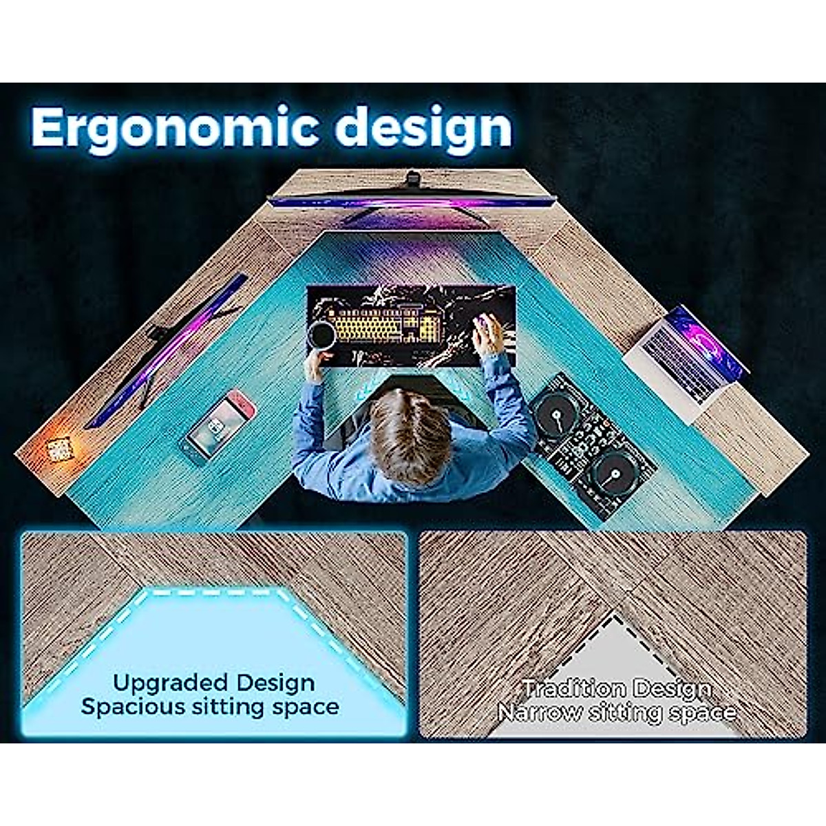 Coleshome L Shaped Gaming Desk with LED Lights & Power Outlets, Reversible 56" Computer Desk with Full Monitor Stand & Storage Shelves, Ergonomic Home Office Corner Desk, Gray Oak