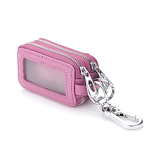 BAKUN Two-Sides Mini Genuine Leather Car Key Chain Holder Wallet Case, Key Holder Key Organizer Wallet(Light Pink)