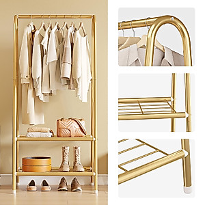 JOISCOPE Gold Metal Clothes Rack, Sturdy and Portable, with Double Layer Shelf for Hanging and Storing Clothes, Shoes, Bags, Umbrellas, Bedroom, Office, Living Room