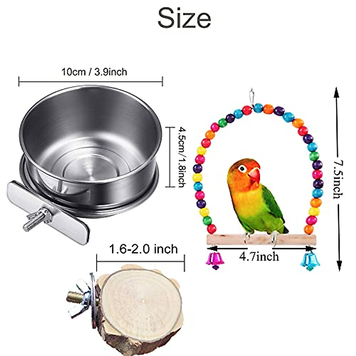 Bird Feeding Dish Cups, Parrot Food Bowl Clamp Holder Stainless Steel Coop Cup Bird Cage Water Bowl 2 Pack Bird Perch Platform Stand